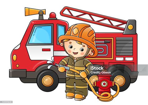소방관이나 소방관이있는 만화 소방차 소방 전문 운송 직업 아이들을위한 다채로운 벡터 일러스트레이션 교육에 대한 스톡 벡터 아트