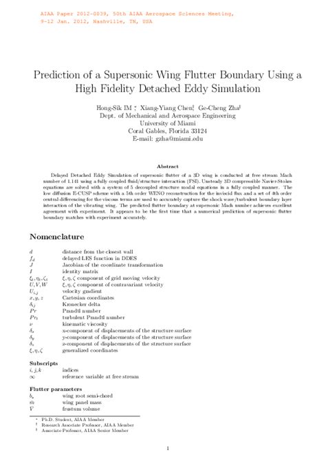 Pdf Prediction Of A Supersonic Wing Flutter Boundary Using A High