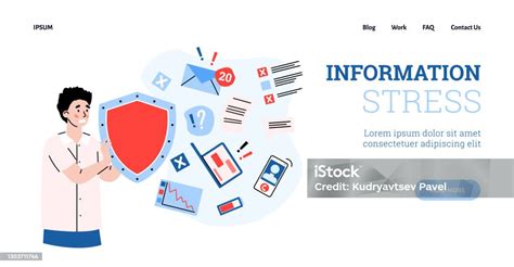 스트레스에 있는 남자는 정보 데이터 스트림에 의한 보호 과부하를 위한 방패를 쥐고 있습니다 개념에 대한 스톡 벡터 아트 및 기타 이미지 Istock