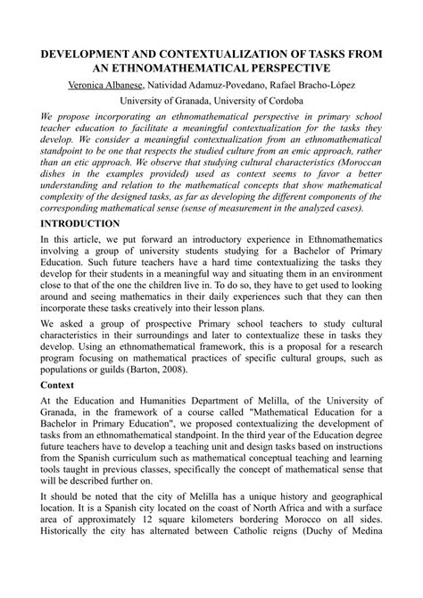 Pdf Development And Contextualization Of Tasks From An Ethnomathematical Perspective