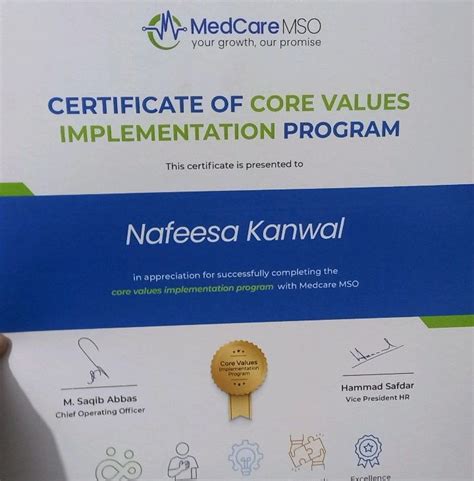 Completed The Core Values Implementation Program Thanks Medcare Mso Global Nafeesa Kanwal