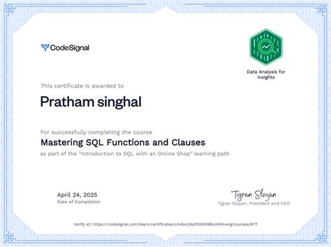 Course Certificate For Mastering Sql Functions And Clauses Pratham Singhal