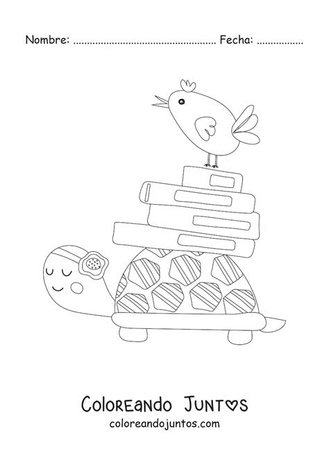 Tortuga Animada Llevando Una Pila De Libros Coloreando Juntos