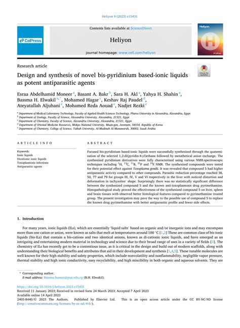 Pdf Design And Synthesis Of Novel Bis Pyridinium Based Ionic Liquids As Potent Antiparasitic