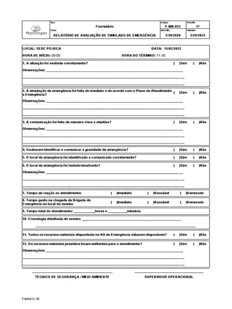 F Ma 012 Relatório De Avaliação De Simulado De Emergência Pdf
