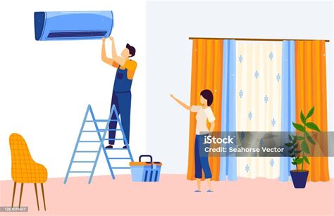 수리 에어컨 평면 벡터 일러스트 만화 수리공 기술자 캐릭터 작업 가정용 스마트 냉각 시스템 수리 일러스트레이션에 대한 스톡 벡터