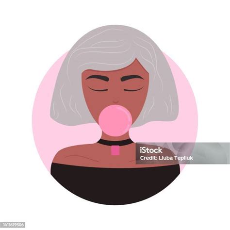 흰색 배경에 고립 된 분홍색 거품 껌이있는 아름다운 어두운 피부 여성 얼굴 귀여운 트렌디 한 만화 여성 캐릭터 버블 껌 플랫 벡터 불기에 대한 스톡 벡터 아트 및 기타