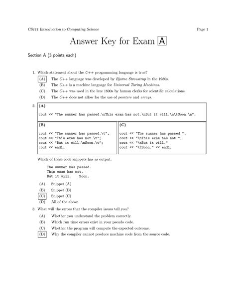CS Final Exam Guide Semester One Answer Key For Exam A