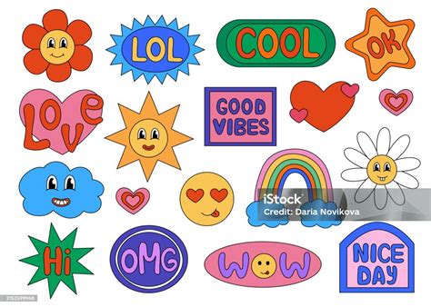 트렌디한 복고풍 스티커 만화 모양 모음입니다 재미있는 만화 캐릭터 아트와 따옴표 기호 패치 세트 좋은 분위기 좋은 하루 Omg 및 안녕하세요 평면 벡터 디자인 1990