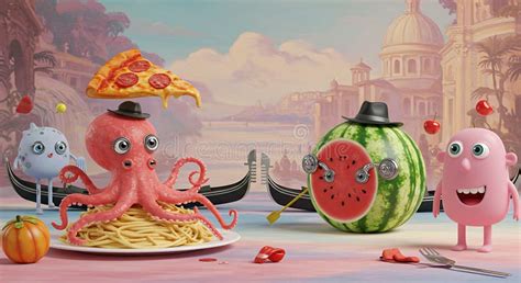 Whimsical Octopus Pizza Party In Italian Venice Stock Illustration