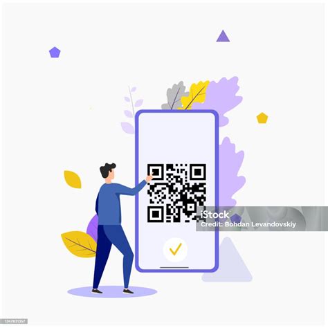 남자는 휴대 전화 앞에 서서 Qr 바코드와 화면을 만지고 빠른 응답 코드의 개념 Qr코드에 대한 스톡 벡터 아트 및 기타 이미지 Qr코드 코드 포스터 Istock