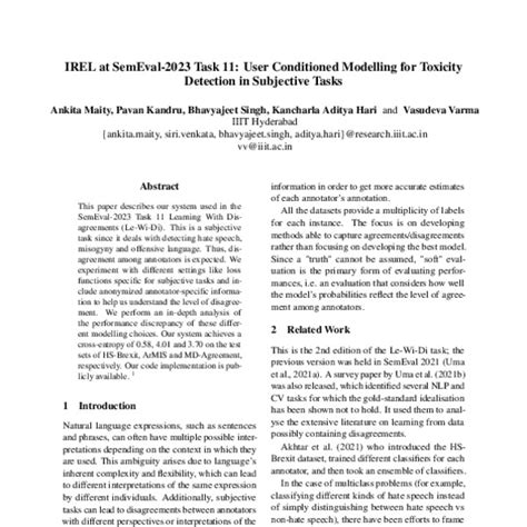 Irel At Semeval 2023 Task 11 User Conditioned Modelling For Toxicity Detection In Subjective