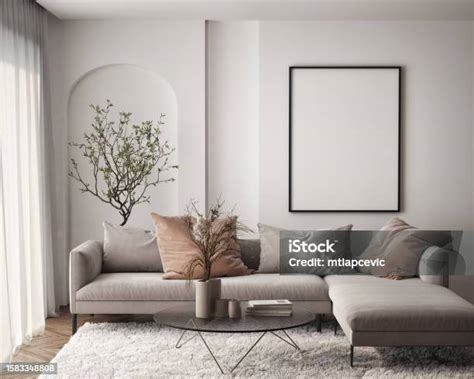 거실 벽에 모형 포스터 프레임 현대적인 디자인의 고급스러운 아파트 배경 현대적인 인테리어 디자인 3d 렌더링 3d 일러스트레이션 0명에 대한 스톡 사진 및 기타 이미지
