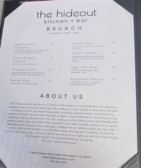 Online Menu Of The Hideout Kitchen Bar Restaurant Palm Desert