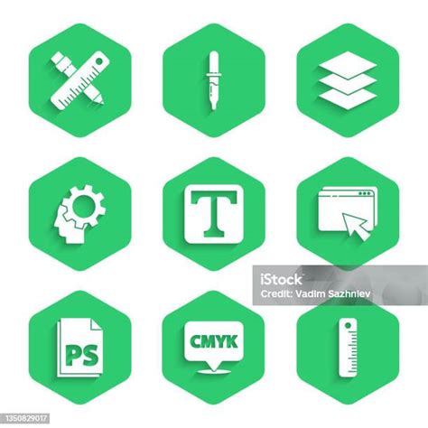 텍스트 Cmyk 눈금자 웹 디자인 및 개발 Ps 파일 문서 내부의 인간의 헤드 기어 레이어 및 교차 눈금자 연필 아이콘으로