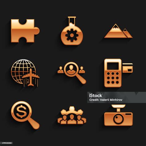 검색 사람 프로젝트 팀 베이스 자동차 Dvr Pos 터미널 비행 비행기 아이콘이 있는 달러 및 지구본에 대한 돋보기를 설정합니다 벡터 검색에 대한 스톡 벡터 아트 및 기타