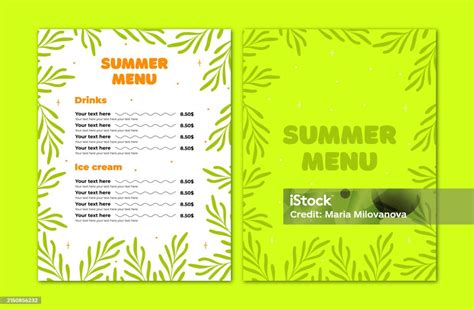 오렌지 그린 브로셔 샘플 텍스트와 메뉴 템플릿 손으로 열 대 잎을 그리는 벡터 그림 공간을 복사합니다 여름의 특별 메뉴 미니멀리즘 0명에 대한 스톡 벡터 아트 및 기타