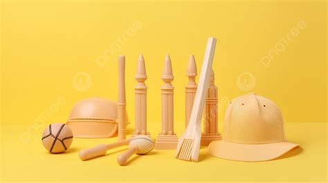 충분한 복사 공간이 있는 파스텔 노란색 배경에 표시되는 배트 볼 위켓 스텀프 및 헬멧을 포함하여 3d의 크리켓 장비 크리켓 팀 크리켓 경기 크리켓 리그 배경 일러스트