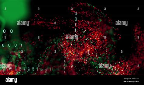 Image Of Red And Green Digital Wave Floating Over Binary Coding Against