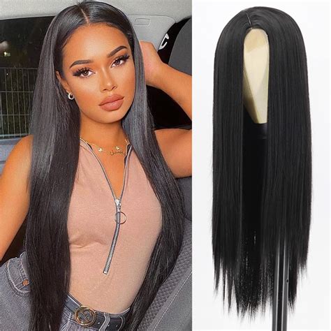 Xinran Long Straight Black Wigs For Women Synthetic Black Straight Wig Looking Natural Black