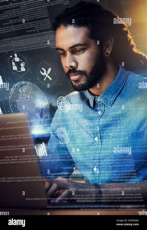 Black Man Coding And Global Network With Icons Laptop And App With Digital Transformation And