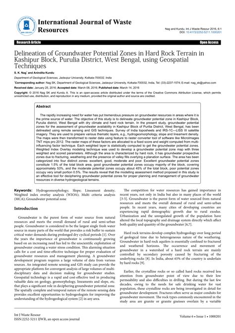 Pdf Delineation Of Groundwater Potential Zones In Hard Rock Terrain In Kashipur Block Purulia