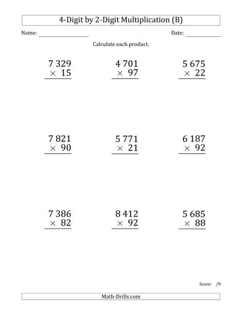 multiplying 4 digit by 2 digit numbers large print with space