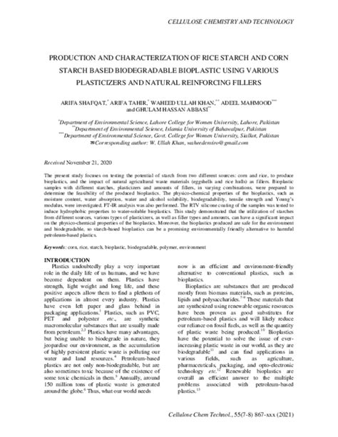 Pdf Production And Characterization Of Rice Starch And Corn Starch Based Biodegradable