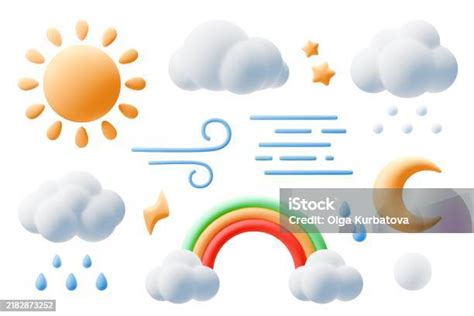 만화 3d 날씨 아이콘 귀여운 태양 달과 별 구름과 무지개 플라스틱 아이 스타일 초승달과 바람 기호 3 차원 점토 모양 예측 표지판 벡터 절연 세트 3차원 형태에 대한 스톡