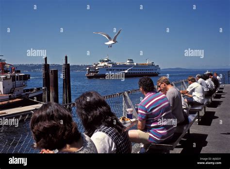 Seattle Washington Waterfront Dining On Pier With Seagulls And
