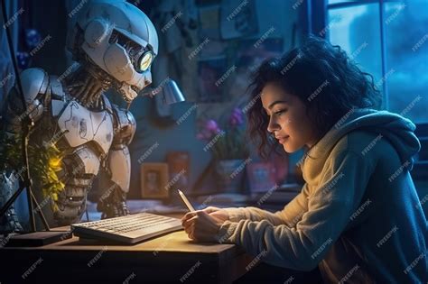 Premium Photo A Female Programmer Discusses Project Details With A Humanoid Robot