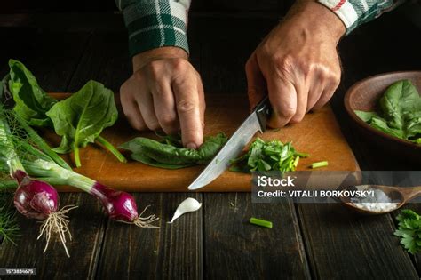 도마에 칼로 시금치를 썰기 요리사의 손으로 부엌에서 야채 샐러드 요리 채식주의 식단의 아이디어 개체 그룹에 대한 스톡 사진 및 기타 이미지 Istock