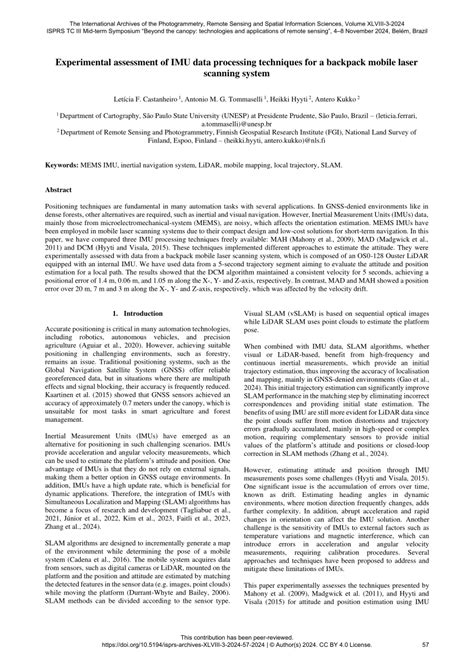 Pdf Experimental Assessment Of Imu Data Processing Techniques For A