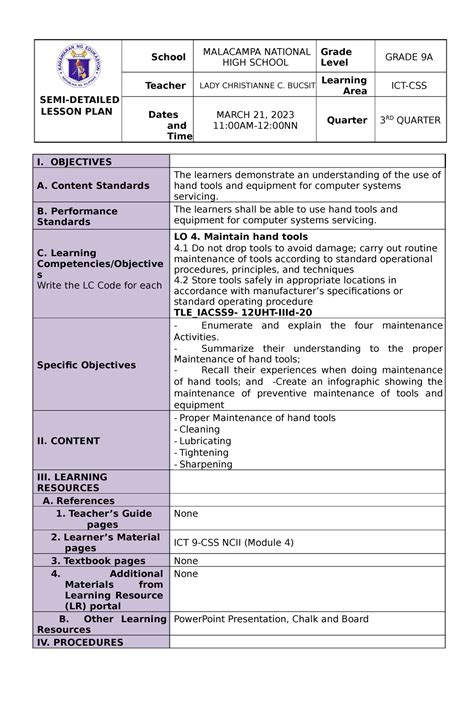 css 9 dlp week4 3rd quarter semi detailed lesson plan school malacampa national high school