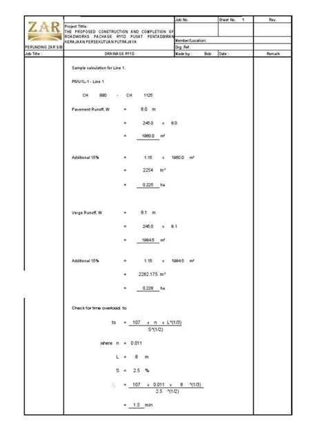 Sample Calculation Drainage Design Road Side Drain Pdf Water With