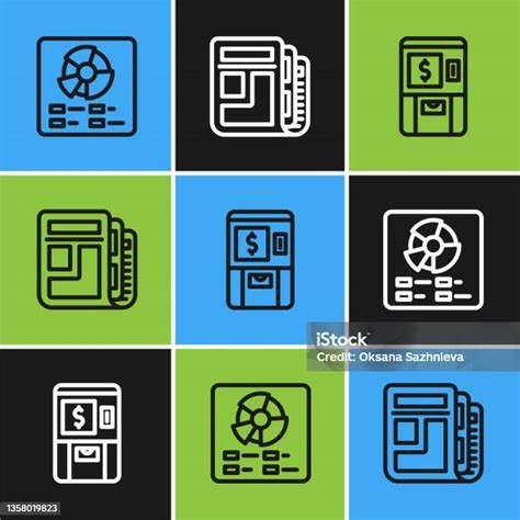 세트 라인 파이 차트 인포 그래픽 Atm 및 돈 및 주식 시장 뉴스 아이콘을 설정합니다 벡터 공항 터미널에 대한 스톡 벡터 아트 및 기타 이미지 Istock