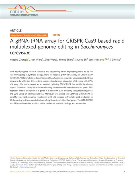 Pdf A Grna Trna Array For Crispr Cas9 Based Rapid Multiplexed Genome Editing In Saccharomyces