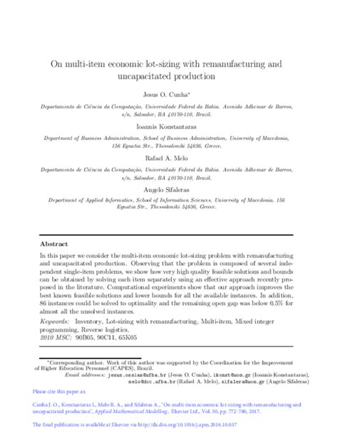 Pdf On Multi Item Economic Lot Sizing With Remanufacturing And Uncapacitated Production