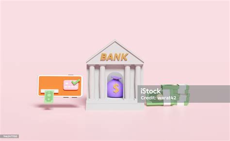 휴대 전화 은행권 체크 표시 신용 카드 은행 또는 세무서 건물이 분홍색 배경에 격리되어 있습니다atm 기계 거래 개념 3d 그림 3d 렌더링으로 현금 인출 3차원 형태에