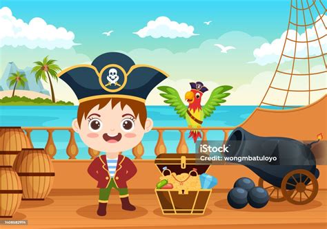 나무 바퀴 가슴 빈티지 카리브해 해적과 졸리 로저와 바다 또는 섬에 배에 귀여운 해적 만화 캐릭터 일러스트 레이 션 걸이 장비에 대한 스톡 벡터 아트 및 기타 이미지