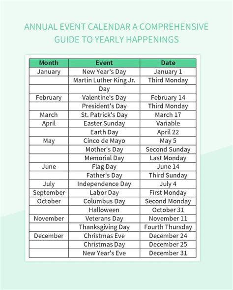 Annual Event Calendar A Comprehensive Guide To Yearly Happenings Excel
