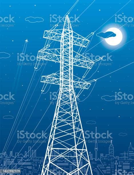 고전압 전송 시스템 전기 극 전력선 상호 연결된 전기의 네트워크 파란색 배경에 흰색 Otlines 벡터 디자인 일러스트 레이 션