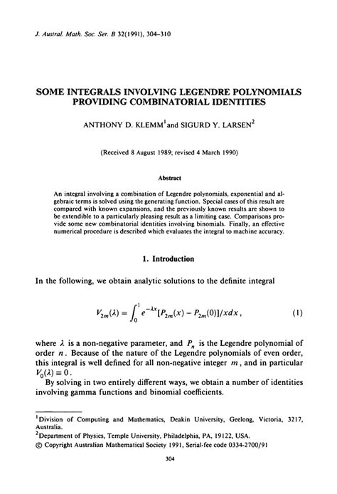 Pdf Some Integrals Involving Legendre Polynomials Providing Combinatorial Identities