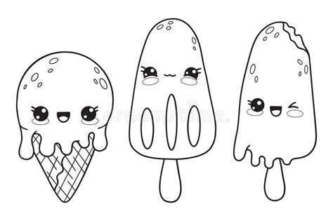 Outline Cute Ice Cream Set Popsicles On Stick And Ball Waffle Cone