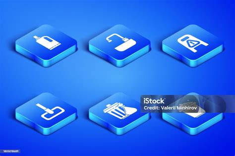 비눗물 섬유 유연제 쓰레기통 및 쓰레기 봉투 걸레 세면대 수도꼭지 및 젖은 바닥 청소 진행 아이콘이 있는 양동이를 설정합니다 벡터 3차원 형태에 대한 스톡 벡터 아트 및