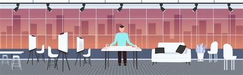 Premium Vector Man Architect Showing Drawing Building Blueprint On Easel Board To