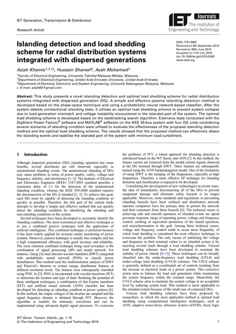 Pdf Islanding Detection And Load Shedding Scheme For Radial Distribution Systems Integrated