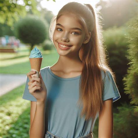 Smiling Girl Enjoying Ice Cream In Sunny Park Ai Art Generator Easy