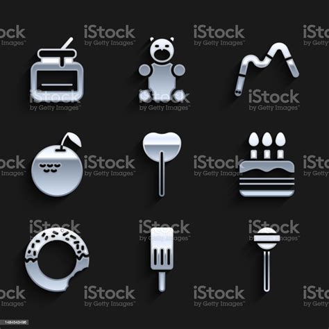 롤리팝 아이스크림 불타는 촛불이 있는 케이크 도넛 사과 젤리 웜 사탕 꿀 항아리 아이콘을 설정합니다 벡터 0명에 대한 스톡 벡터