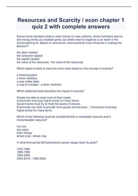 Resources And Scarcity Econ Chapter 1 Quiz 2 With Complete Answers Resources And Scarcity